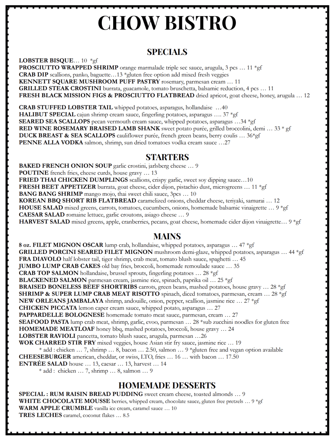 Menus - Chow Bistro